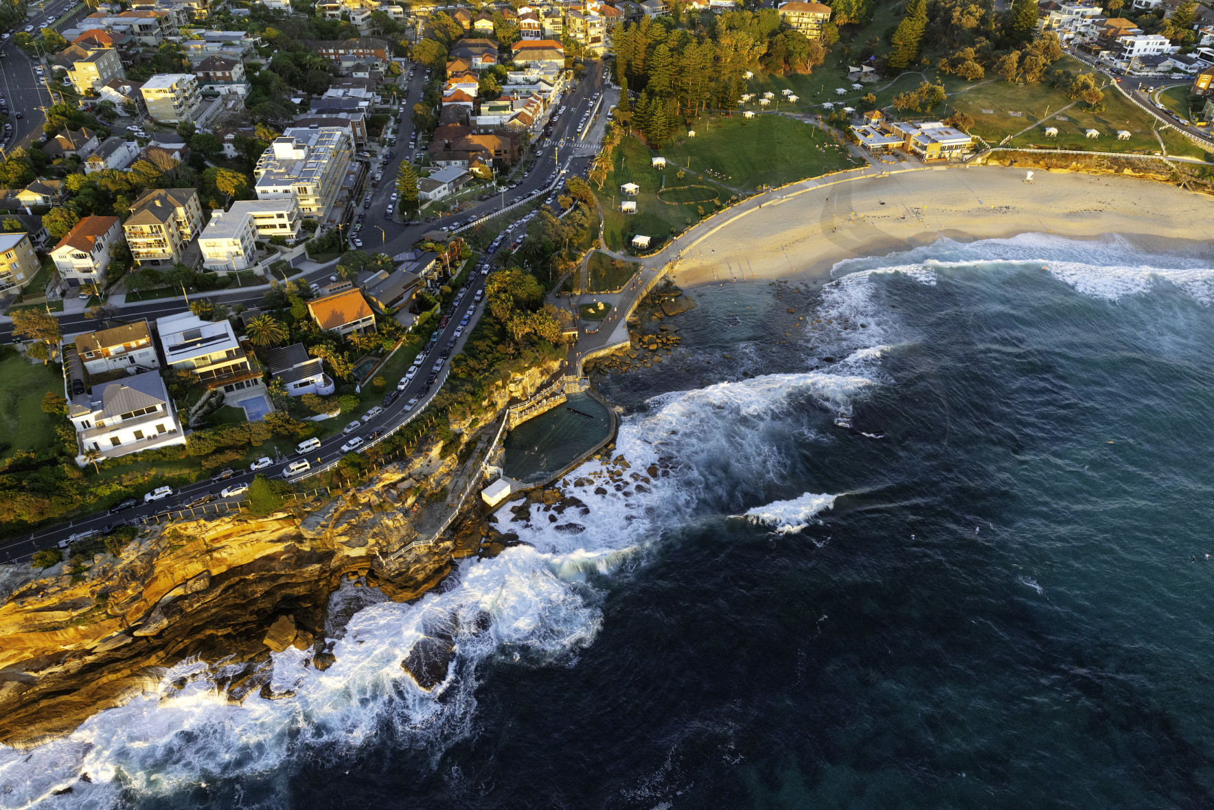 Bronte Baths and Beach Aerial Sunrise Stock Photography - High ...